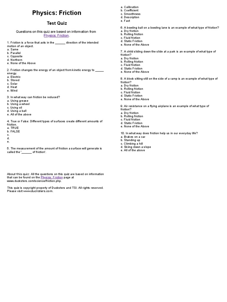 Friction (Test) | PDF | Friction | Physics