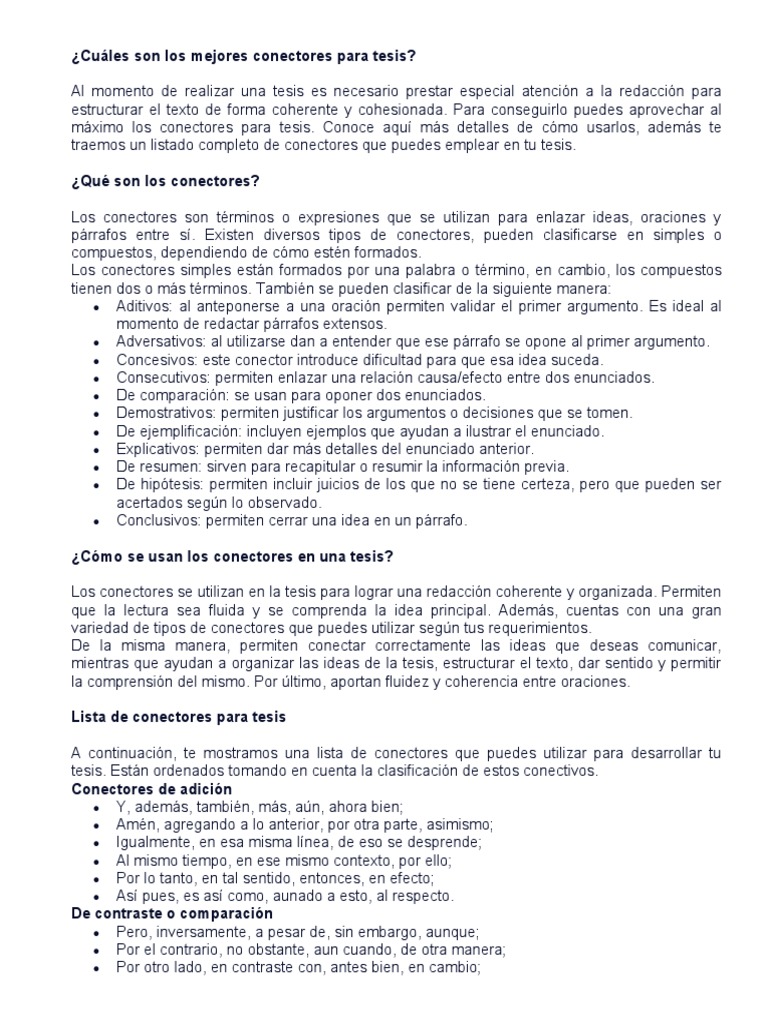 Cuáles son los mejores conectores para tesis.docx | PDF | Ciencia cognitiva