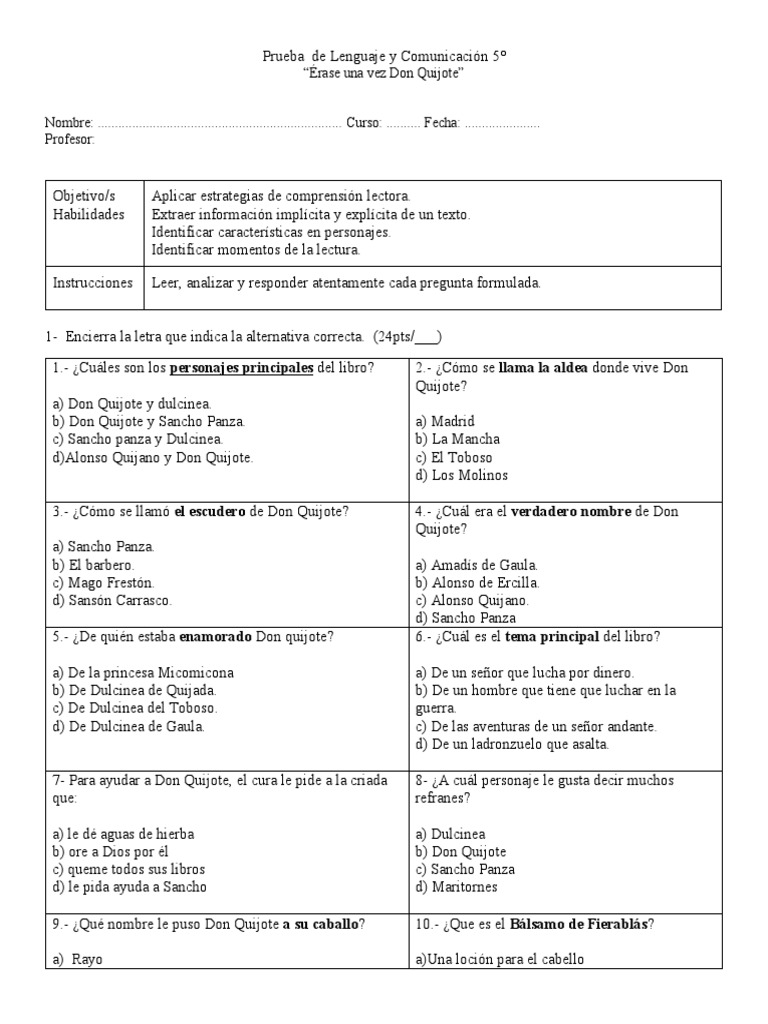 Prueba Erase Una Vez Don Quijote | PDF | Don Quijote