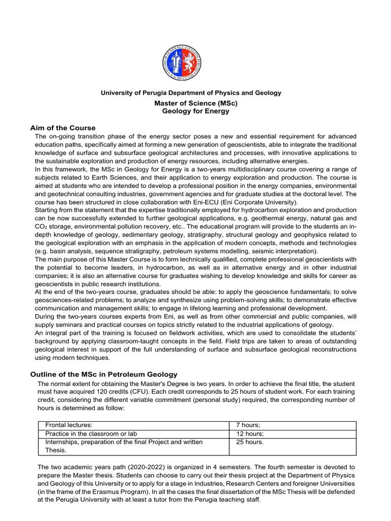 Master of Science (MSC) Geology For Energy Aim of The Course | PDF ...