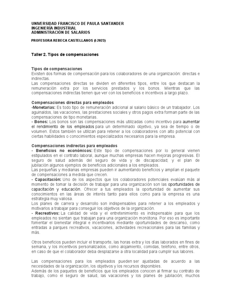 Taller 2. Tipos de Compensaciones | PDF | Crecimiento personal y ...