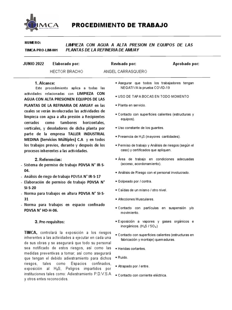 Procedimiento de Limpieza Con Agua A Alta Presion Timca | PDF