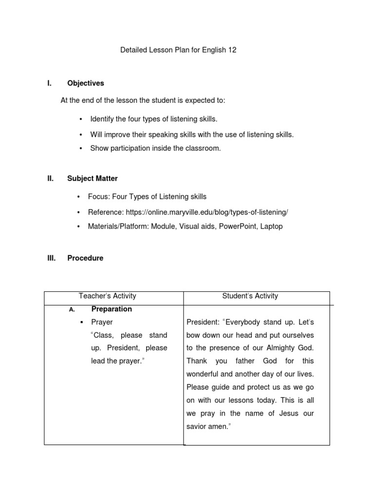 DETAILED LESSON PLAN (LISTENING) | PDF | Lesson Plan | Prayer