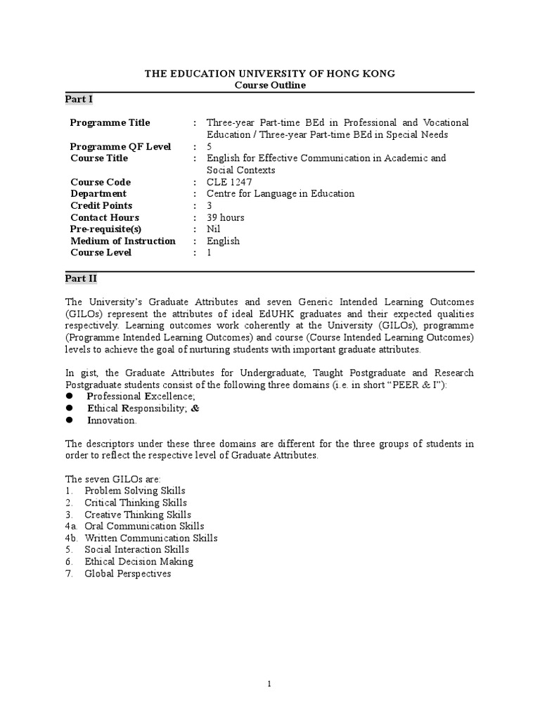 Course Outline - English For Effective Communication | PDF ...