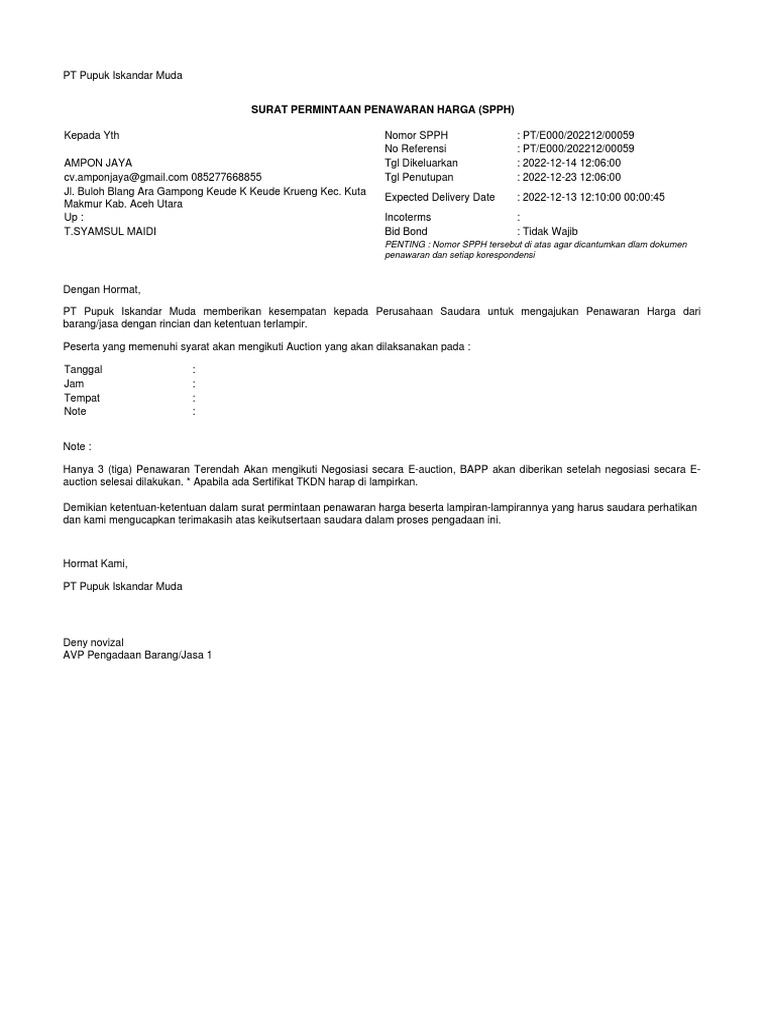 Contoh Surat Permintaan Penawaran Harga | PDF