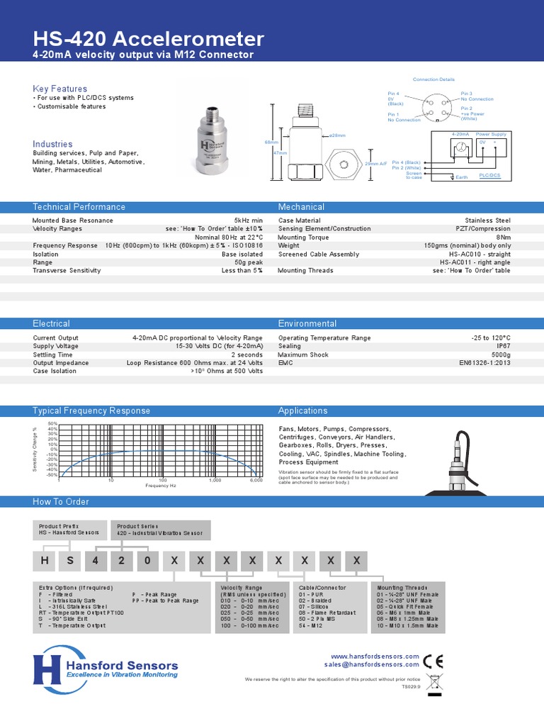 HS-420 4-20ma Velocity Sensor - 4 Pin M12 - TS029.9 | PDF | Direct Current | Equipment
