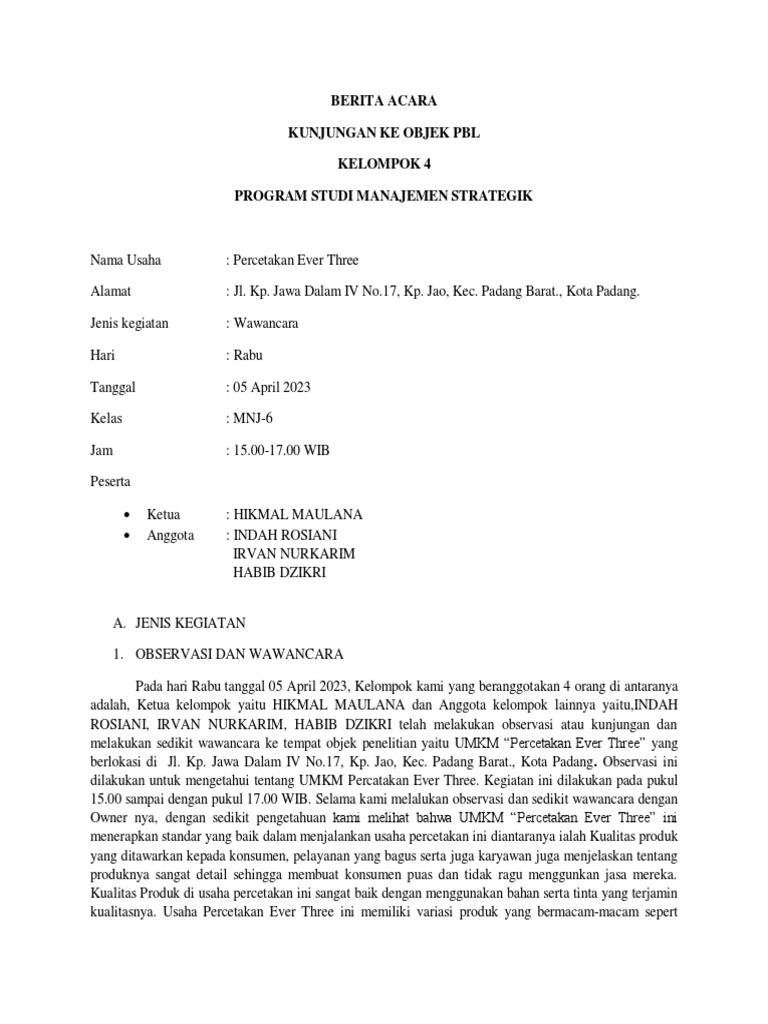 Berita Acara Dan Matriks Swot Kelompok 4 Manajemen Strategis PDF | PDF