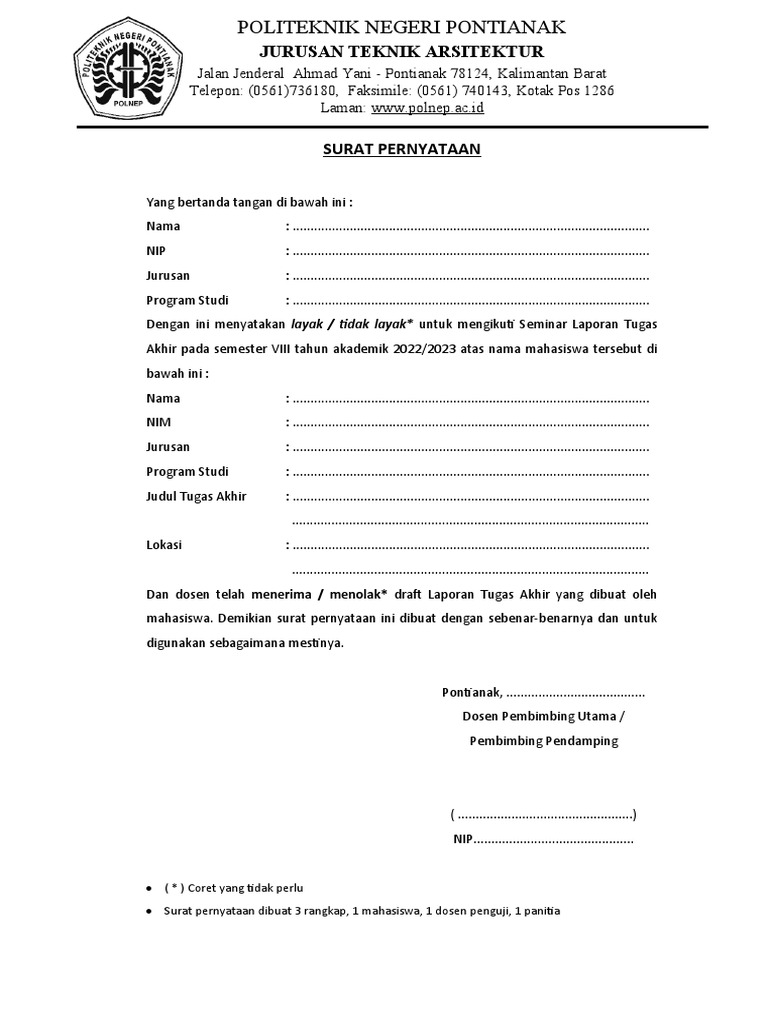 Surat Pernyataan Kelayakan Laporan Tugas Akhir | PDF