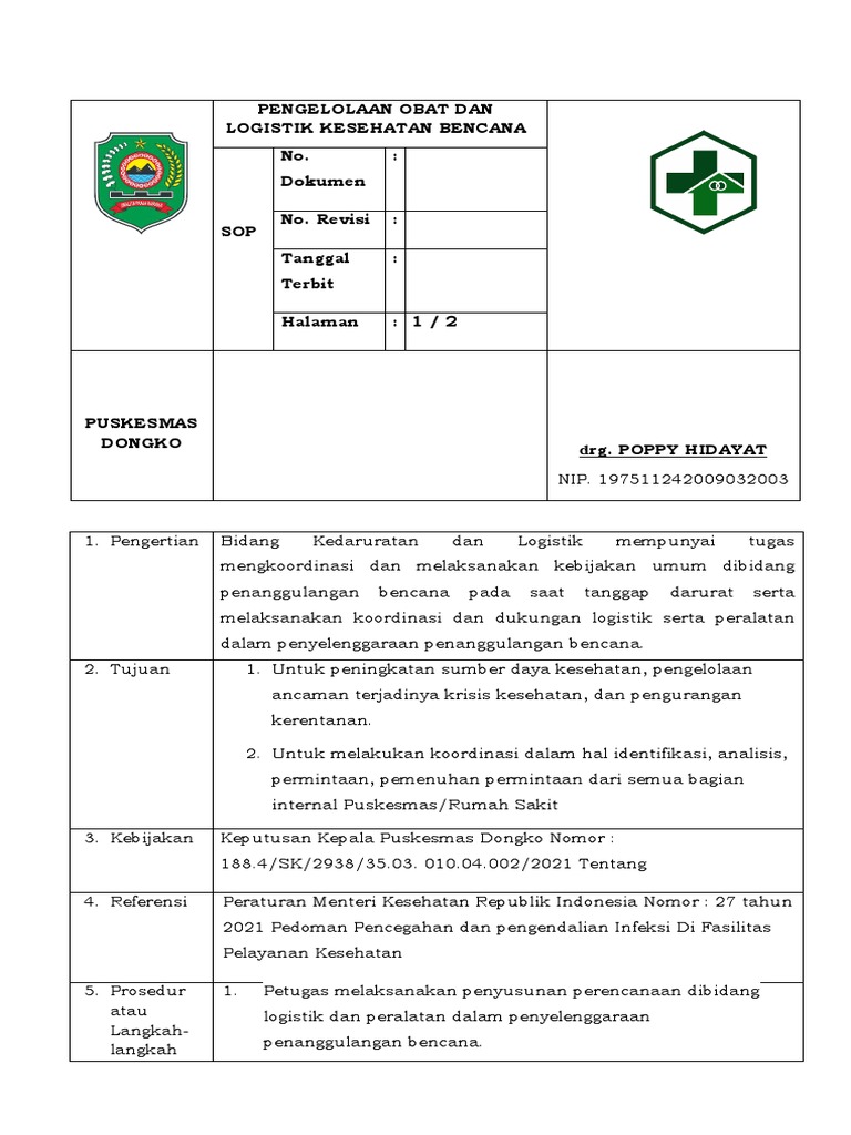 SOP Pengelolaan Obat Dan Logistik Kesehatan Bencana | PDF