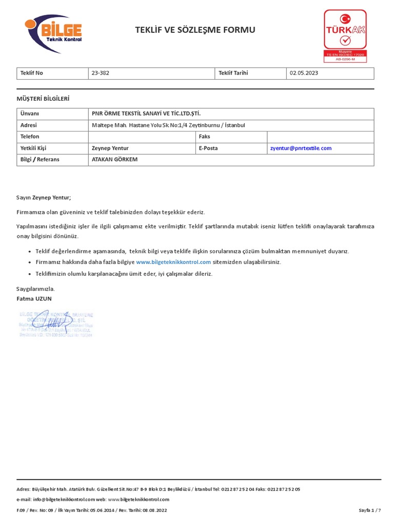 Teklif Ve Sözleşme Formu: Müşteri Bilgileri | PDF