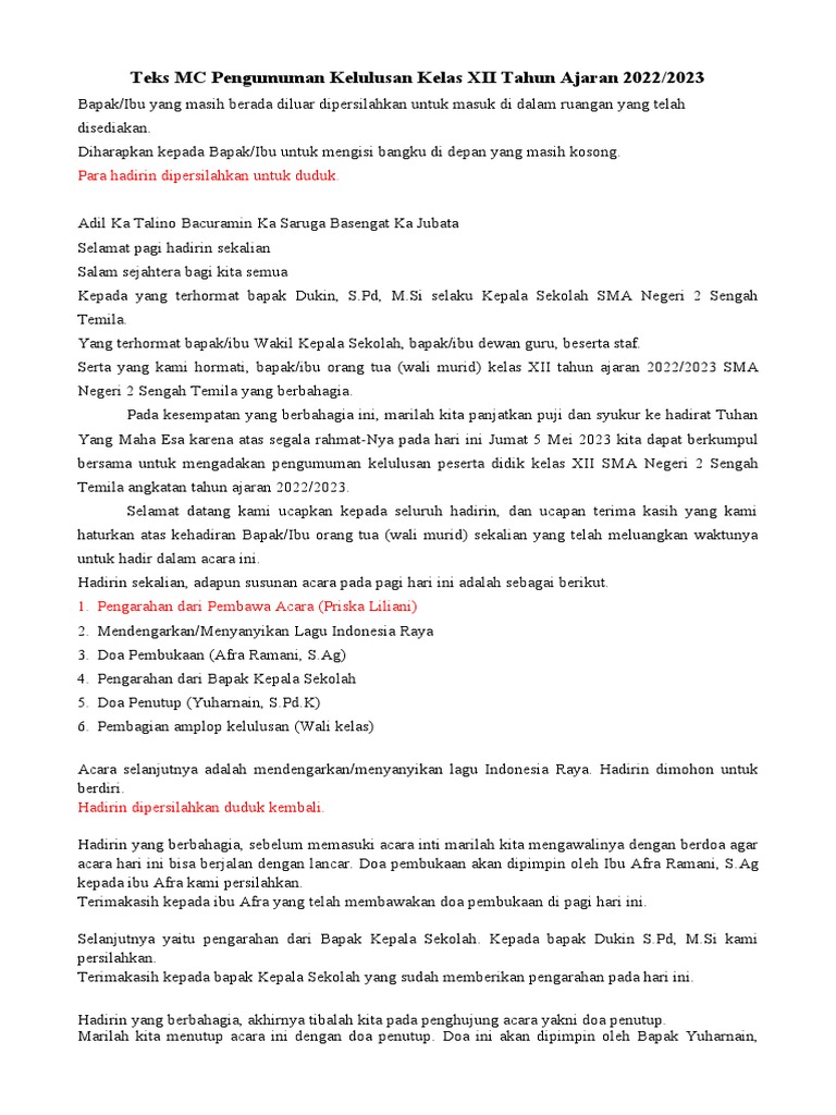 Teks MC Pengumuman Kelulusan Kelas XII Tahun Ajaran 2022 | PDF