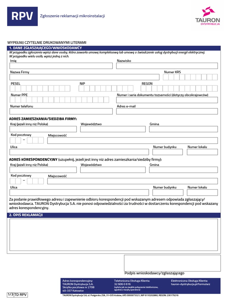 RPV Zgloszenie Reklamacji Mikroinstalacja PDF | PDF