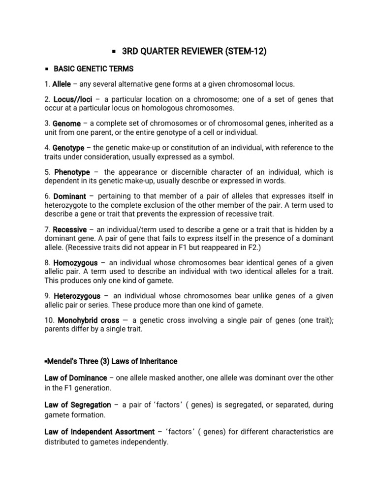 Genetics Quarterly Review: Key Genetic Terms and an Introduction to Mendel's Laws of Inheritance ...