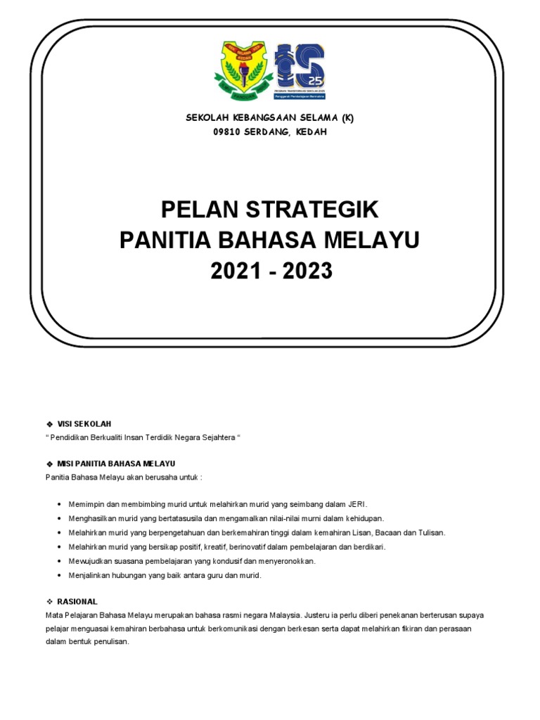 Pelan Strategik Panitia Bahasa Melayu 2021-2023 | PDF