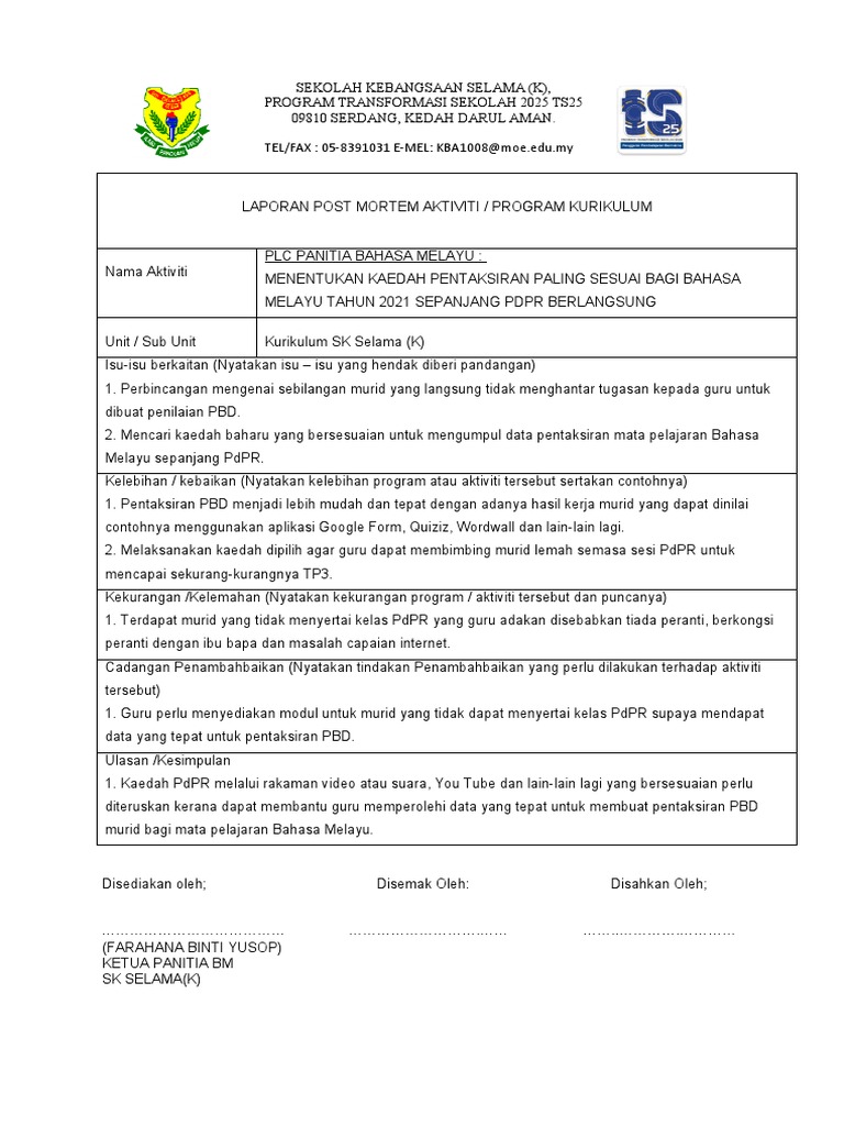 Laporan Post Mortem Aktiviti PBD Panitia BM | PDF