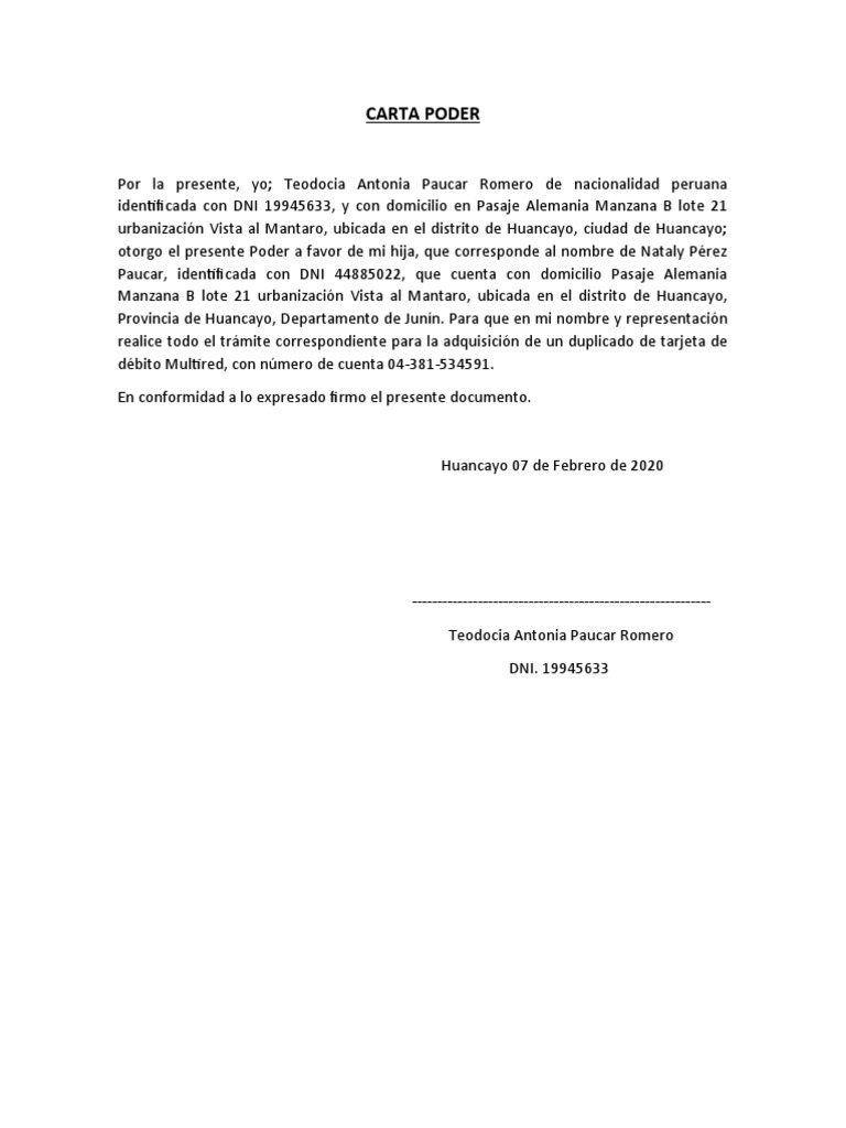 CARTA-PODER-TARJETA-MULTIRED - Natynat | PDF | Política