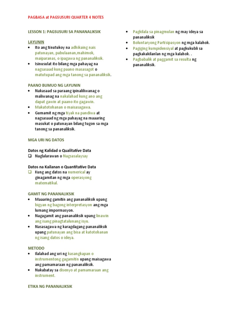 Pagbasa at Pagsusuri Notes | PDF