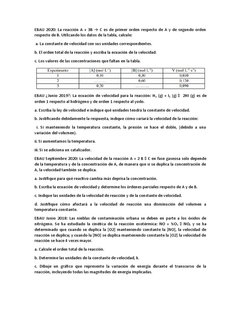 Ejercicios EBAU Cinética Química | PDF | Reacciones químicas | Velocidad de reacción