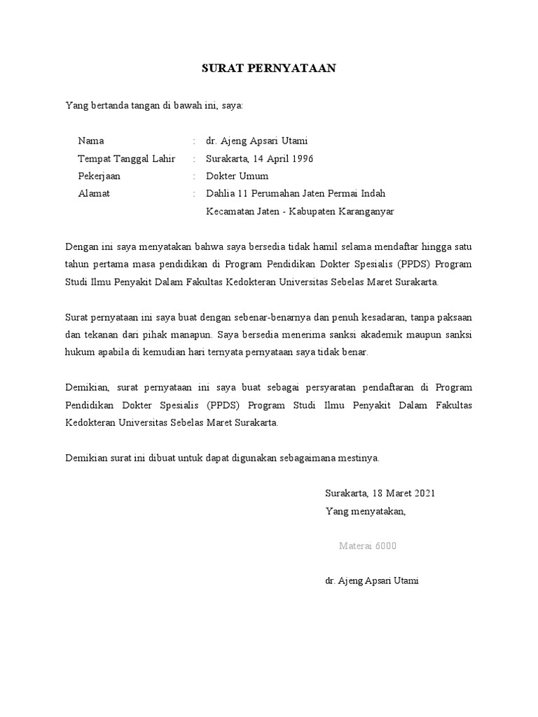 Template - Surat Pernyataan Sanggup Tidak Hamil | PDF