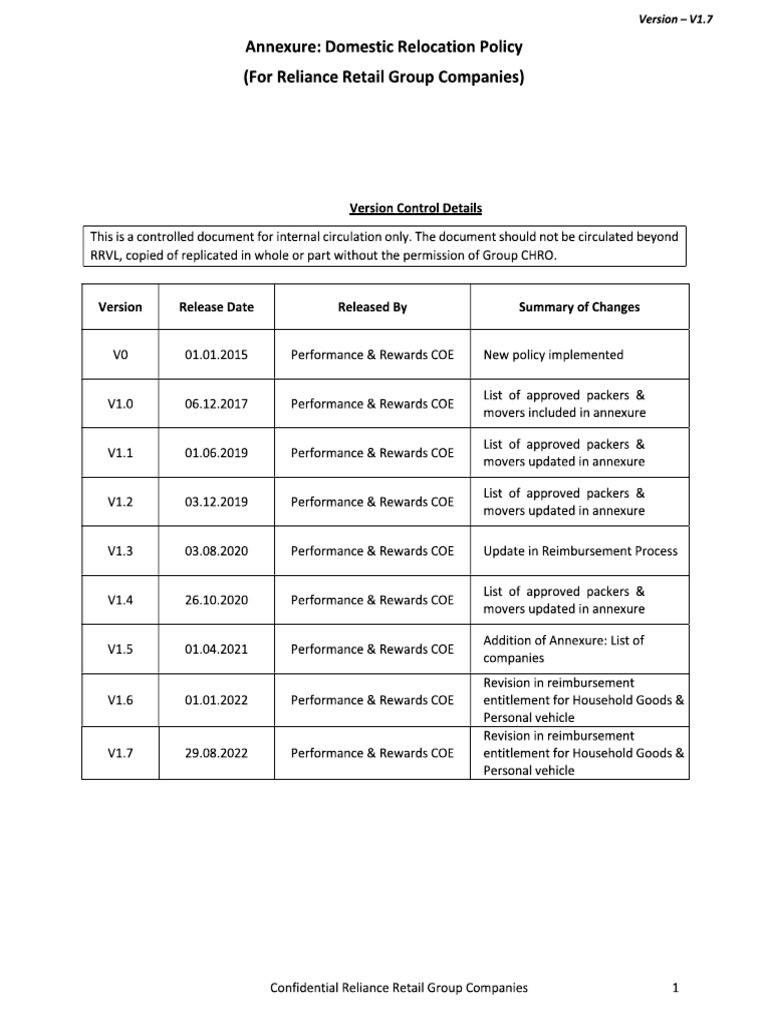 Annexure Domestic Relocation Policy of RIL PDF | PDF