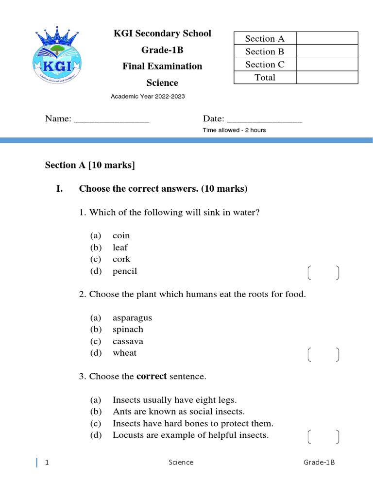KGI Secondary School Grade 1B Science Final Exam | PDF