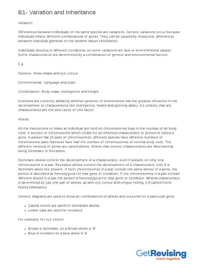 B1 - Variation and Inheritance | Download Free PDF | Dominance (Genetics) | Allele