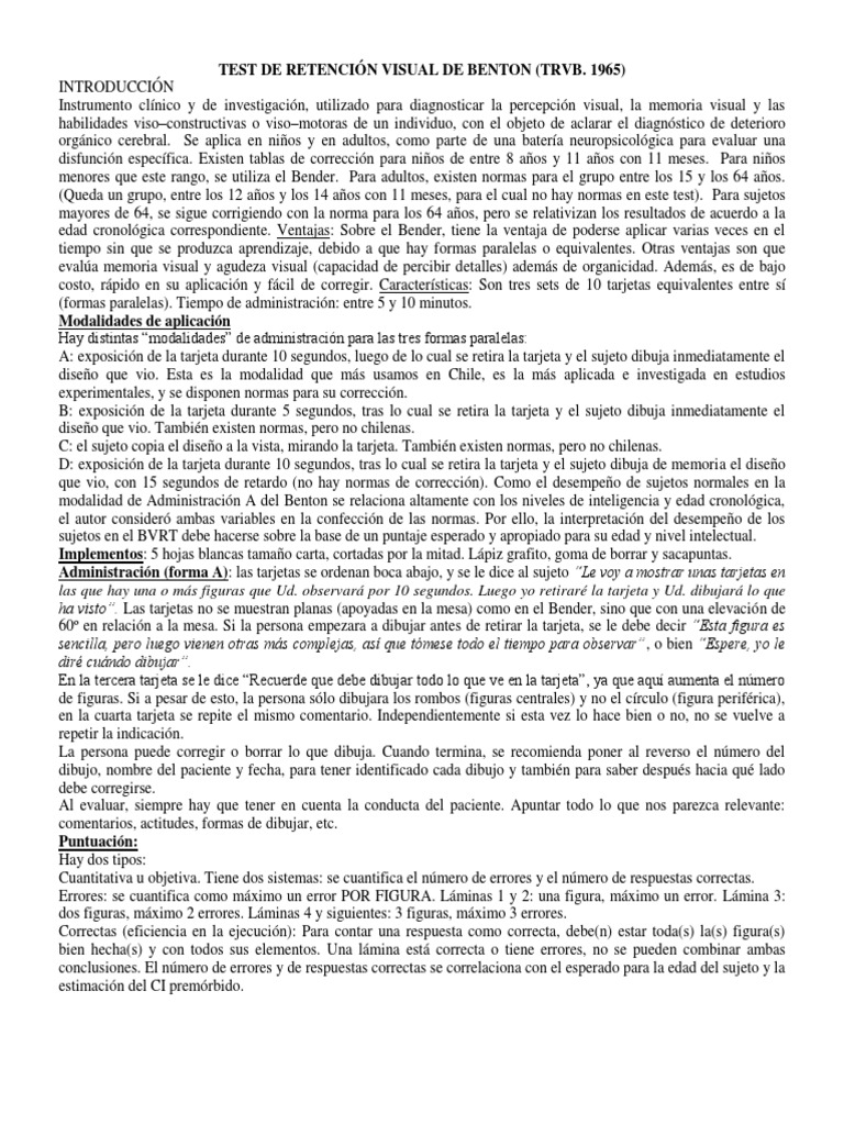 Test de Retención Visual de Benton | PDF | Memoria | Percepción
