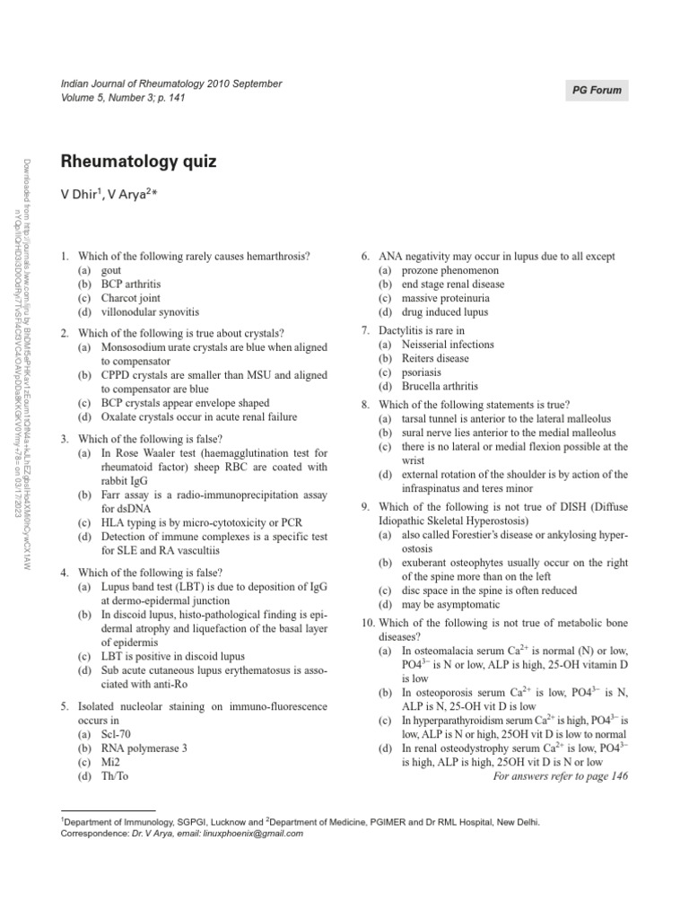 Rheumatology Quiz for Medical Students | PDF | Gout | Vitamin D