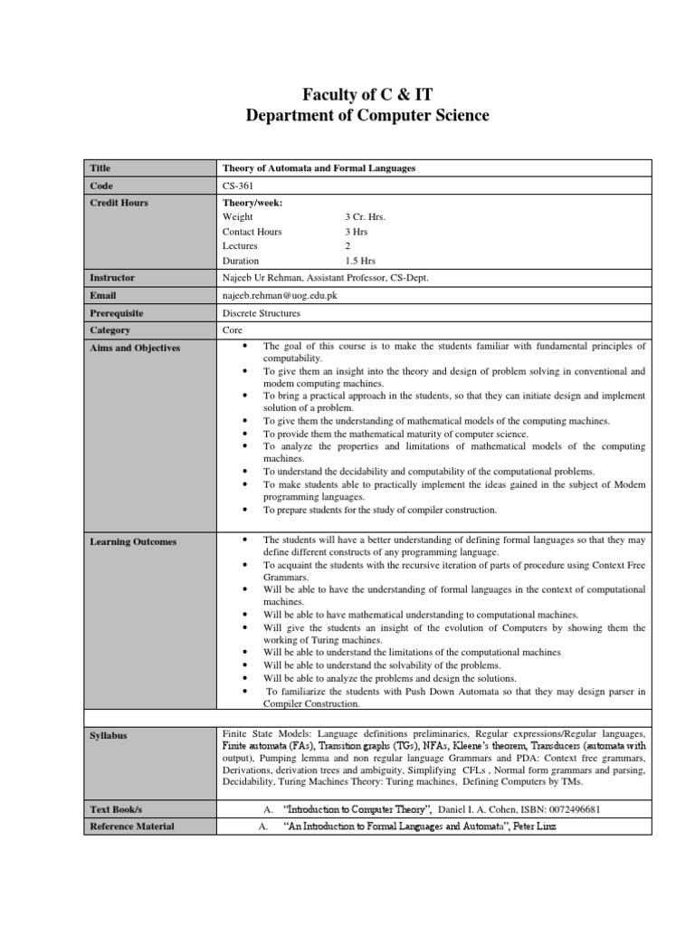 Cs361 Toa Course Outline Pdf Theoretical Computer Science Mathematics