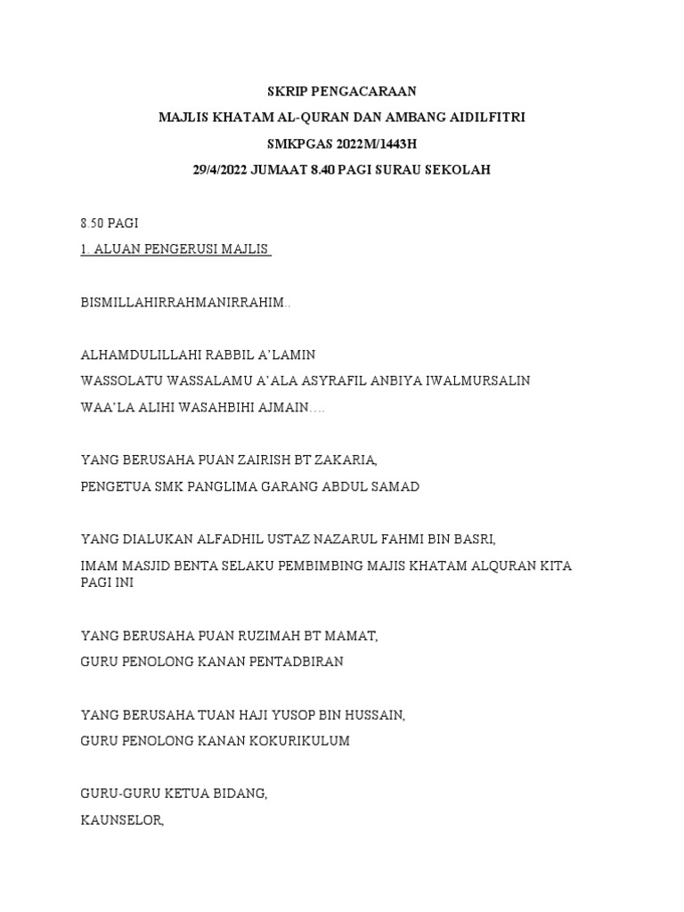 Skrip Pengacaraan Majlis Khatam Alquran Dan Ambang Aidilfiri | PDF