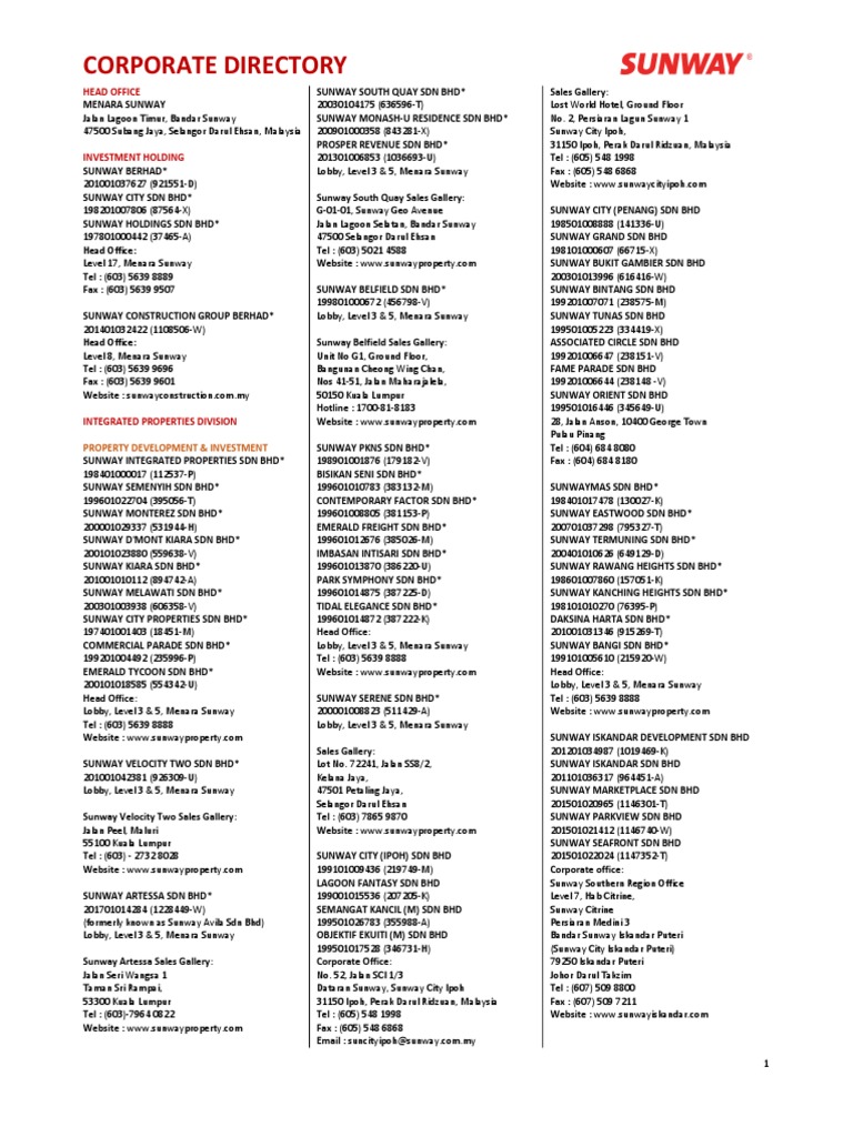 Sunway Corporate Directory Overview | PDF