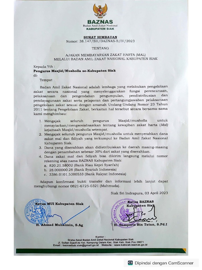 Surat Himbauan Bersama BAZNAS Kab. Siak Dan MUI Kab. Siak PDF | PDF