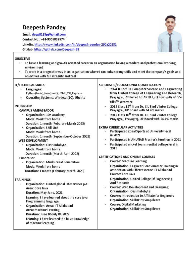 Deepesh Pandey CS-B1 Resume | Download Free PDF | Bootstrap (Front End ...