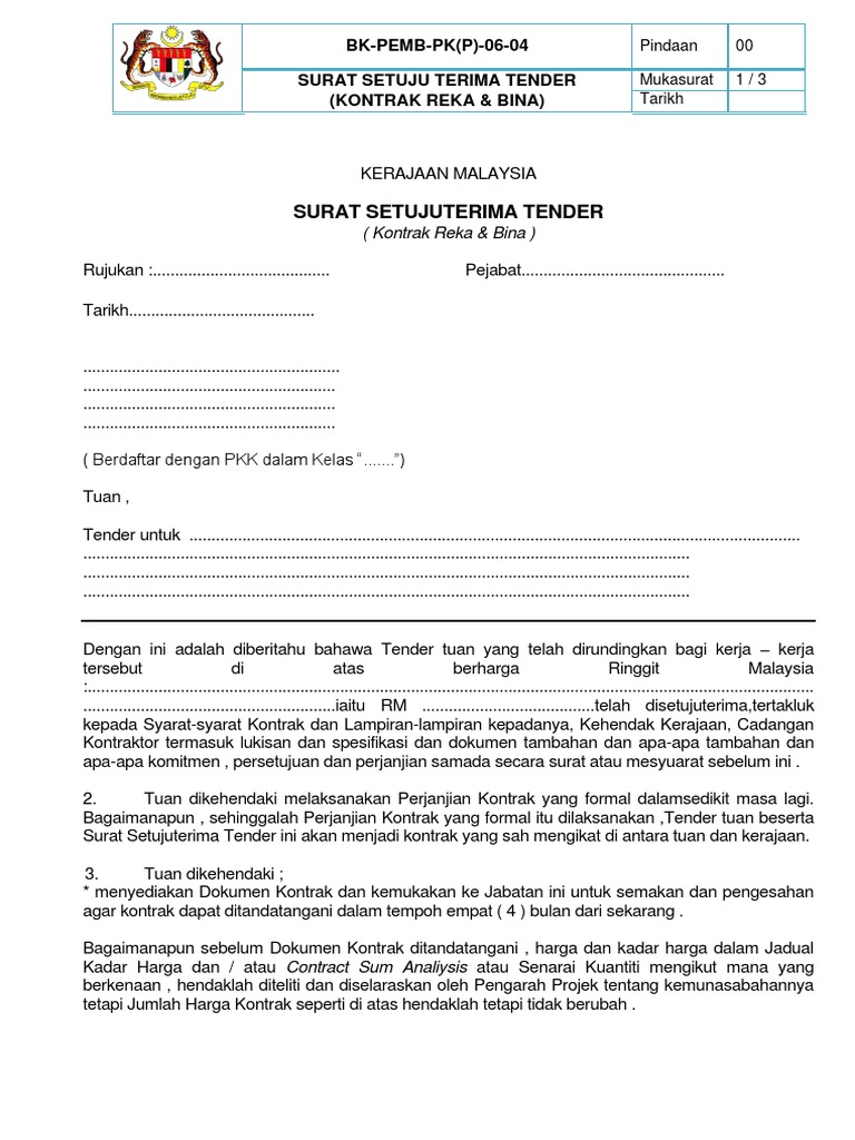 Surat Setuju Terima Tender Reka & Bina | PDF
