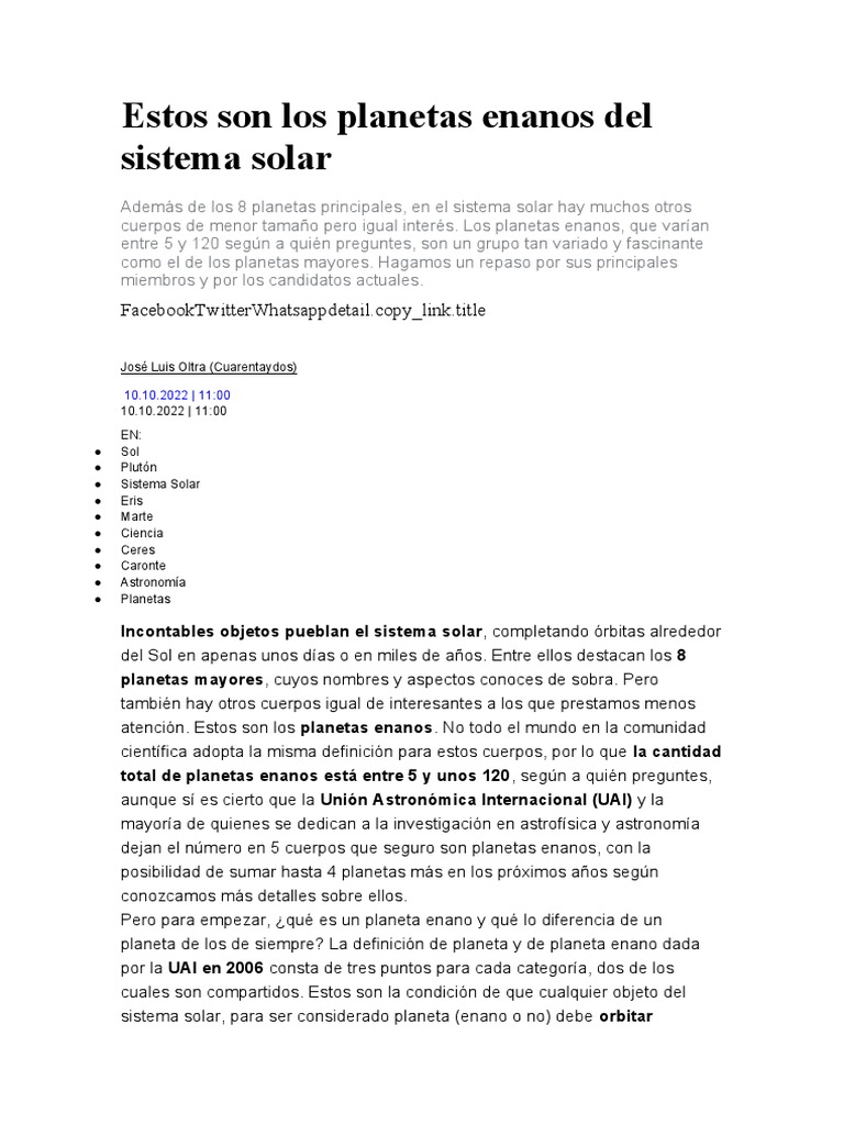 Estos Son Los Planetas Enanos Del Sistema Solar | PDF | Plutón | Planetas Estos Son Los Planetas Enanos Del Sistema Solar | PDF | Plutón | Planetas