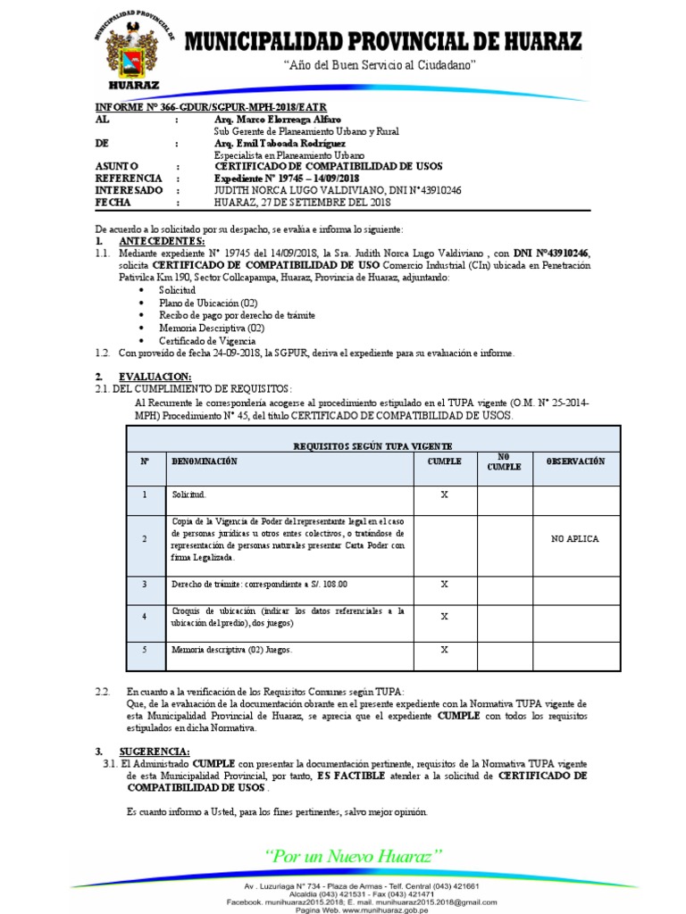 Informe N°366 - Exp. N°19745 Del 14-09-2018 - Judith Norca Lugo Valdiviano - Compatibilidad de ...