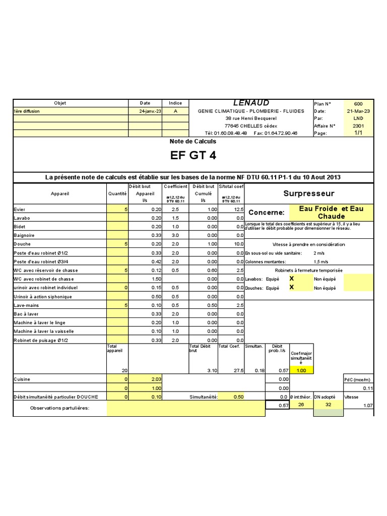 Note Calculs EF GT4 | PDF | Robinet (plomberie) | Hydrologie