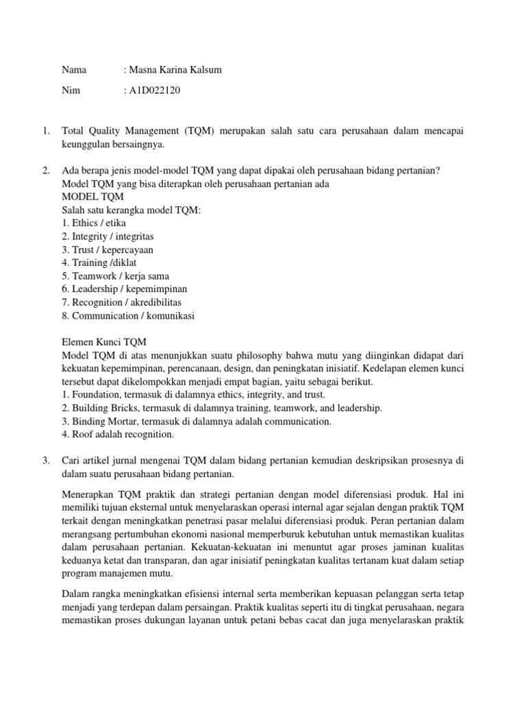 TQM Bidang Pertanian | PDF | Bisnis