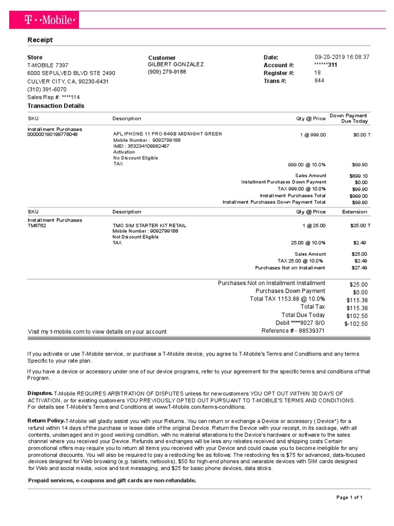 T MOBILE Iphone 11 Pro PDF | PDF | T Mobile Us | Receipt