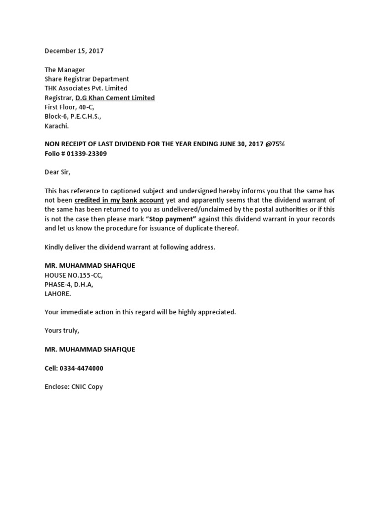 NON-RECEIPT OF DIVIDEND WARRANTS.docx | PDF | Business Economics ...