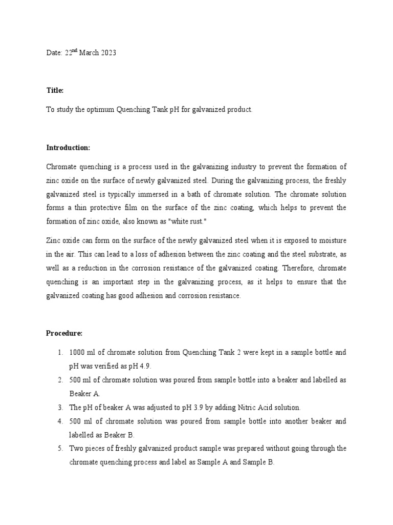 To Study The Optimum Quenching PH For Galvanized Product | PDF ...