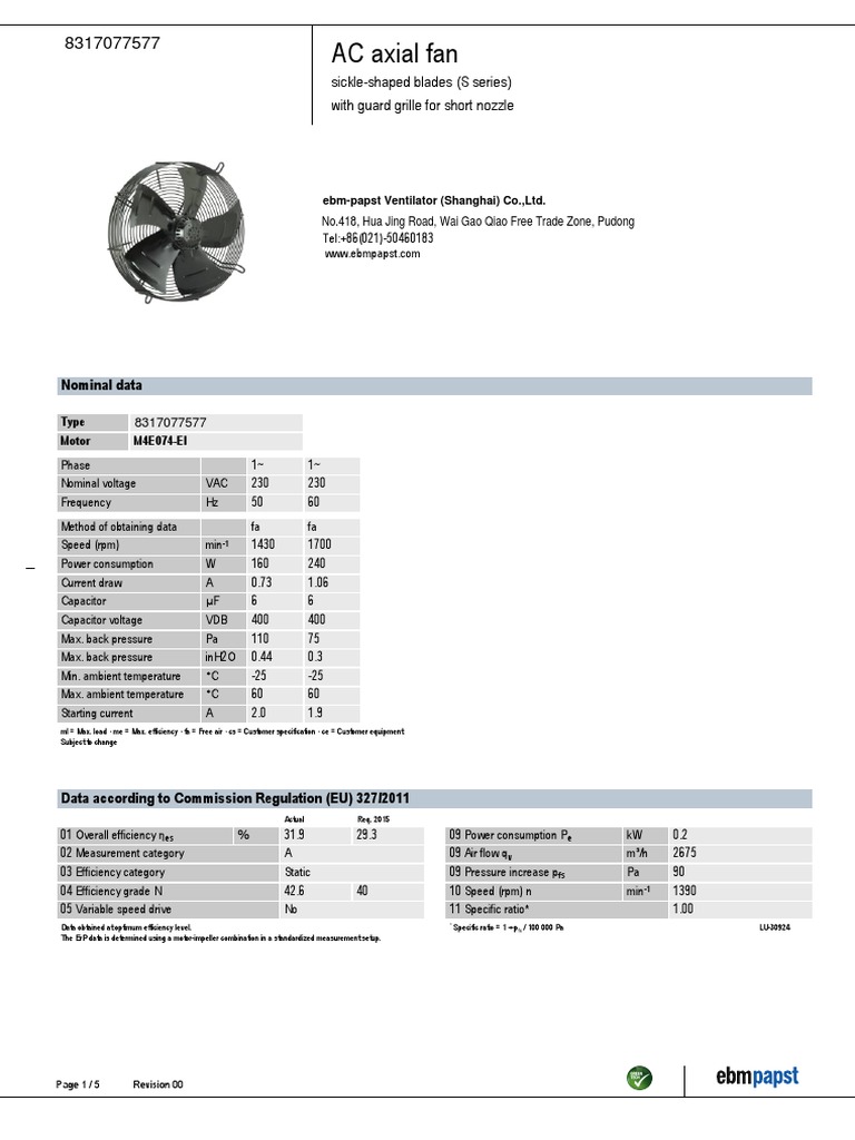 Technical Specification Sheet for ebm-papst Axial Fan Model 8317077577 ...