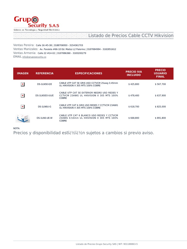 Lista de Precios Cable CCTV Hikvision | PDF