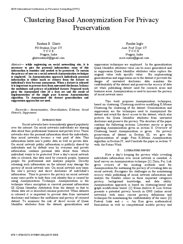 Clustering Based Anonymization For Privacy Preservation Pdf Pdf Cluster Analysis Privacy
