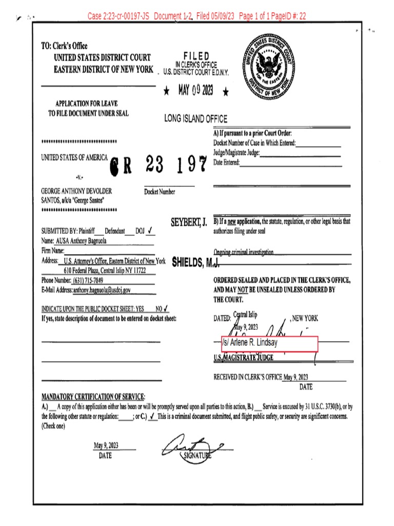 Santos, George - App To Leave To File Under Seal | PDF | Separation Of ...