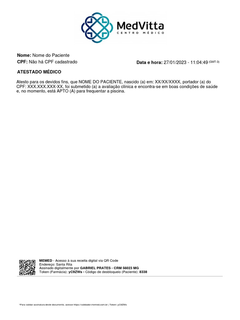 Atestado Médico para Uso de Piscina | PDF