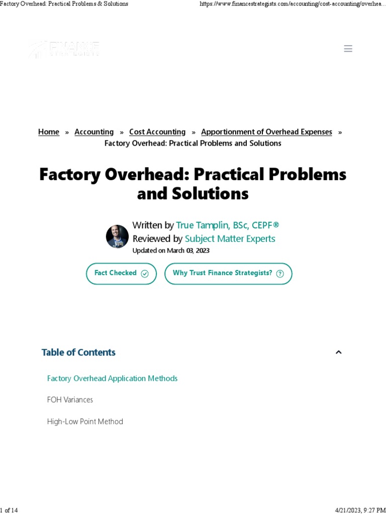 Factory Overhead Practical Problems & Solutions | PDF | Financial Adviser | Variance