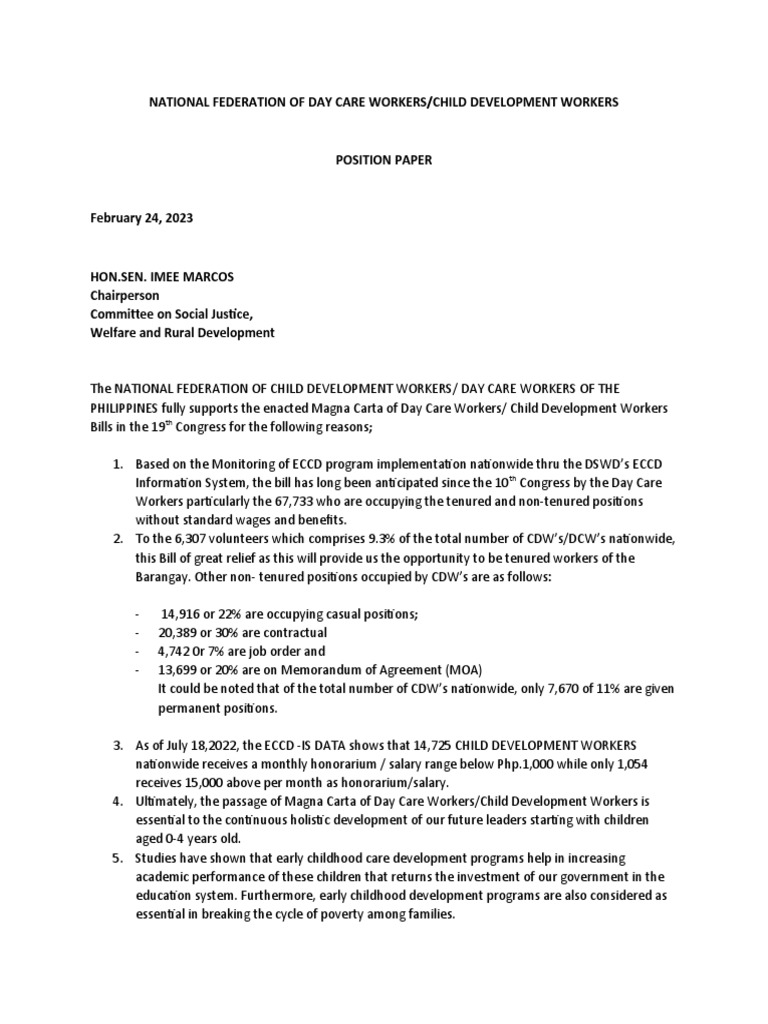 NATIONAL FEDERATION OF DAY CARE WORKERS POSITION PAPERS | PDF | Child ...