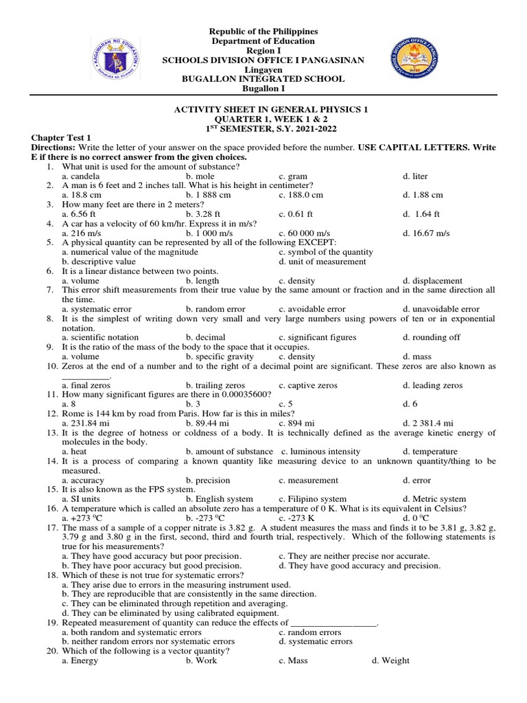 General Physics 1 Activity Sheet | PDF | Euclidean Vector | Force