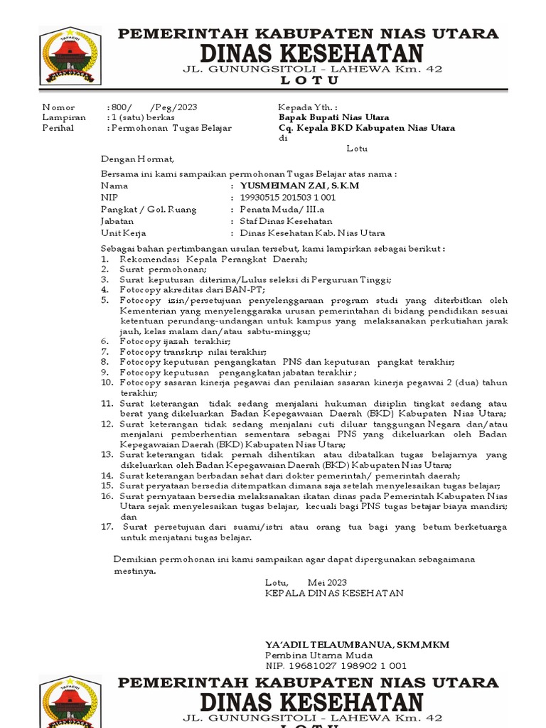 SURAT Permohonan Tugas Belajar Dari Kadis | PDF